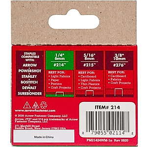 Arrow 214 JT21 Thin Wire Staples for Staple Guns and Staplers, Use for Upholstery, Crafts, General Repairs, 1/4-Inch Leg Length, 7/16-Inch Crown Width, 1000-Pack