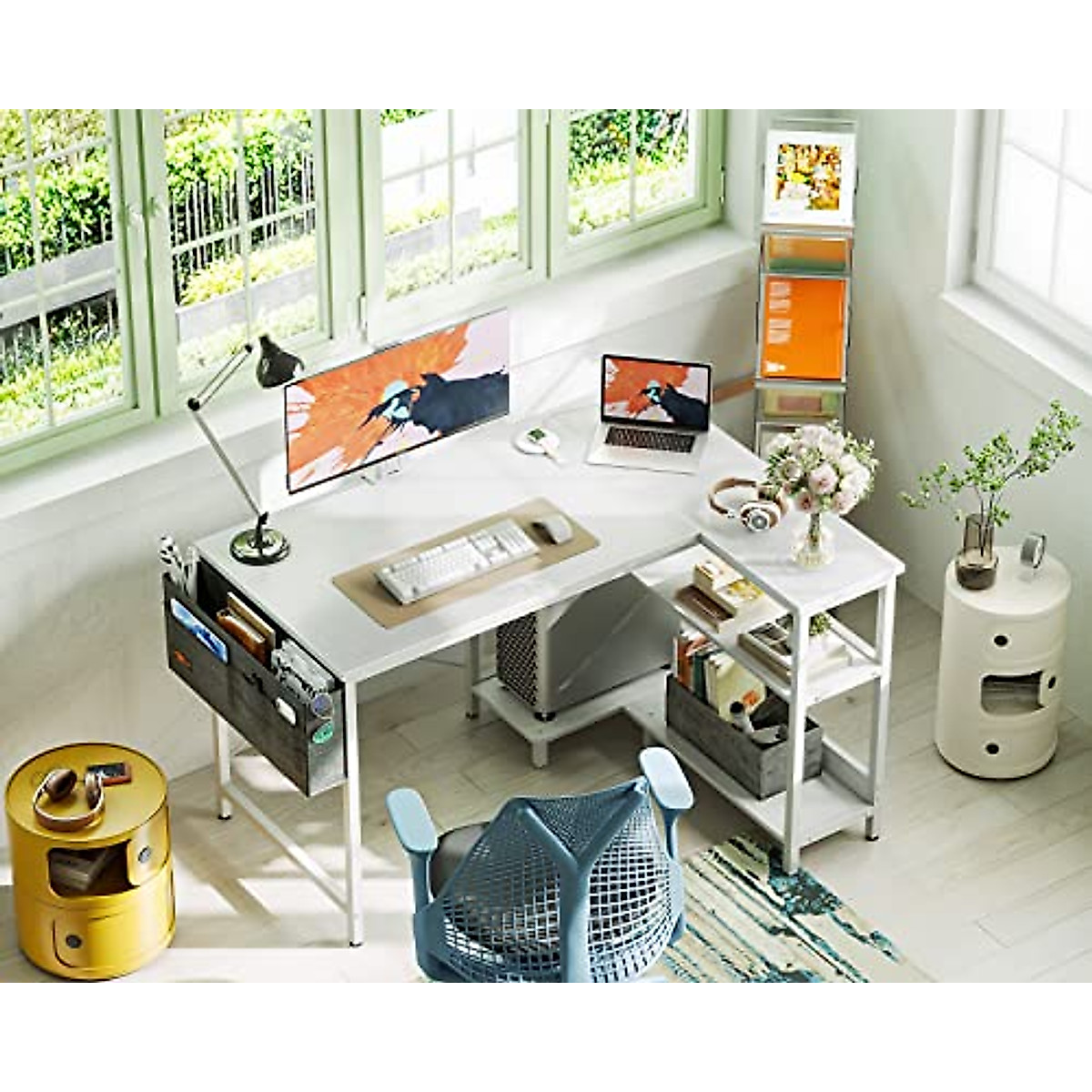 ODK Small L Shaped Computer Desk, 40 Inch Corner Desk with Reversible Storage Shelves & PC Stand for Home Office Workstation, Modern Simple Writing Study Table with Storage Bag for Small Space, White