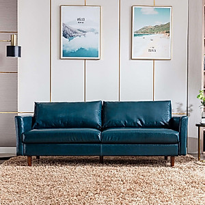 Dreamsir 80'' Faux Leather Sofa Couch, Mid-Century Modern Couch with Solid Wooden Frame & Padded Cushions, 3-Seater Couch for Living Room, Apartment, Lounge Room (Peacock Blue)