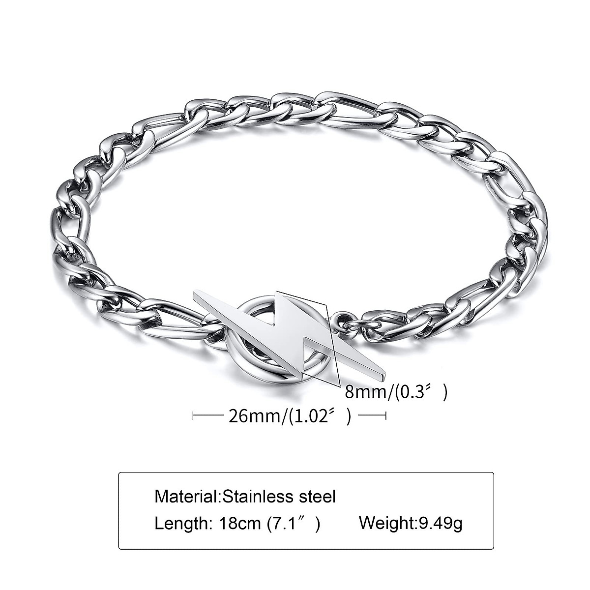Hisatan Unisex Lightning Bolt Charm Bracelet | Stainless Steel Lightning Flash Thunder Figaro Chain Bracelet for Men Women
