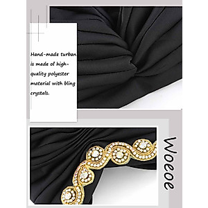 Woeoe Women African Turban Bling Rhinestones Beanie Cap Headwear Pre-Tied Crystal Head Wrap (Black)