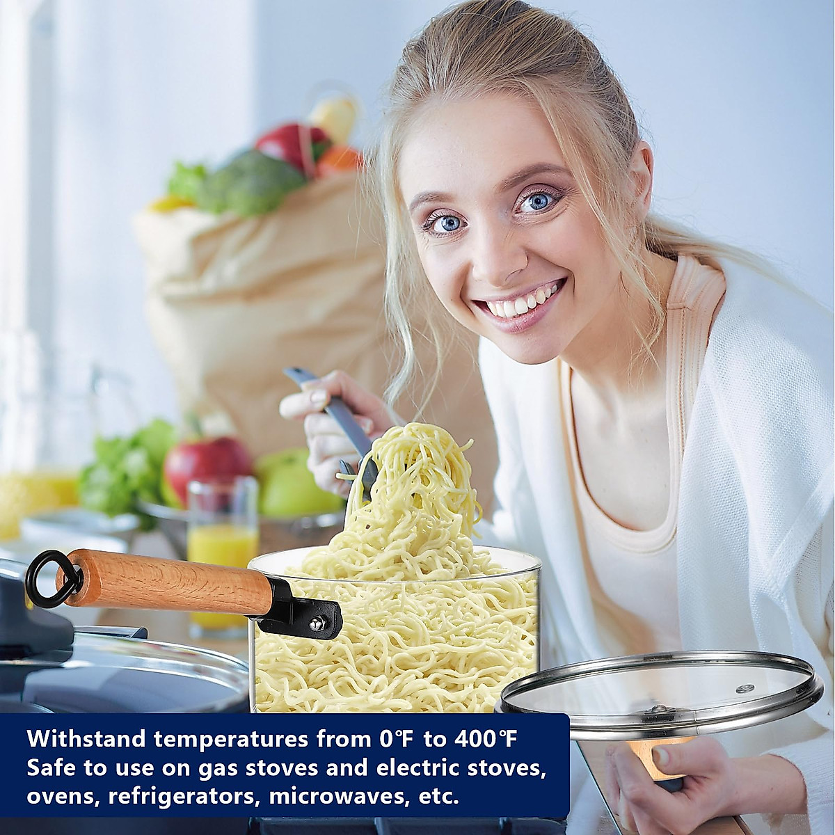 SiliFine Set of 4 Christmas Simmer Pots for Stove Including Glass Pot with Lid for Stove Top, Clear Bowl, Sponge Brush, Silicone Pad Glass Cookware for Cooking Noodle, Soup(60 oz,Long Handle)