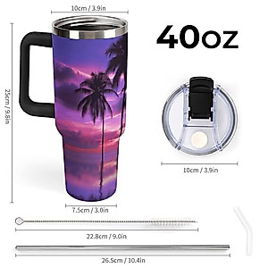STVNKML 40 Oz Tumbler with Handle Palm Tree Purple Sunset Stainless Steel Coffee Mug Reusable Travel Mug Leak-proof Insulated Car Cup Large Capacity Tumbler for Travel, Outdoor, Home Use (Black)