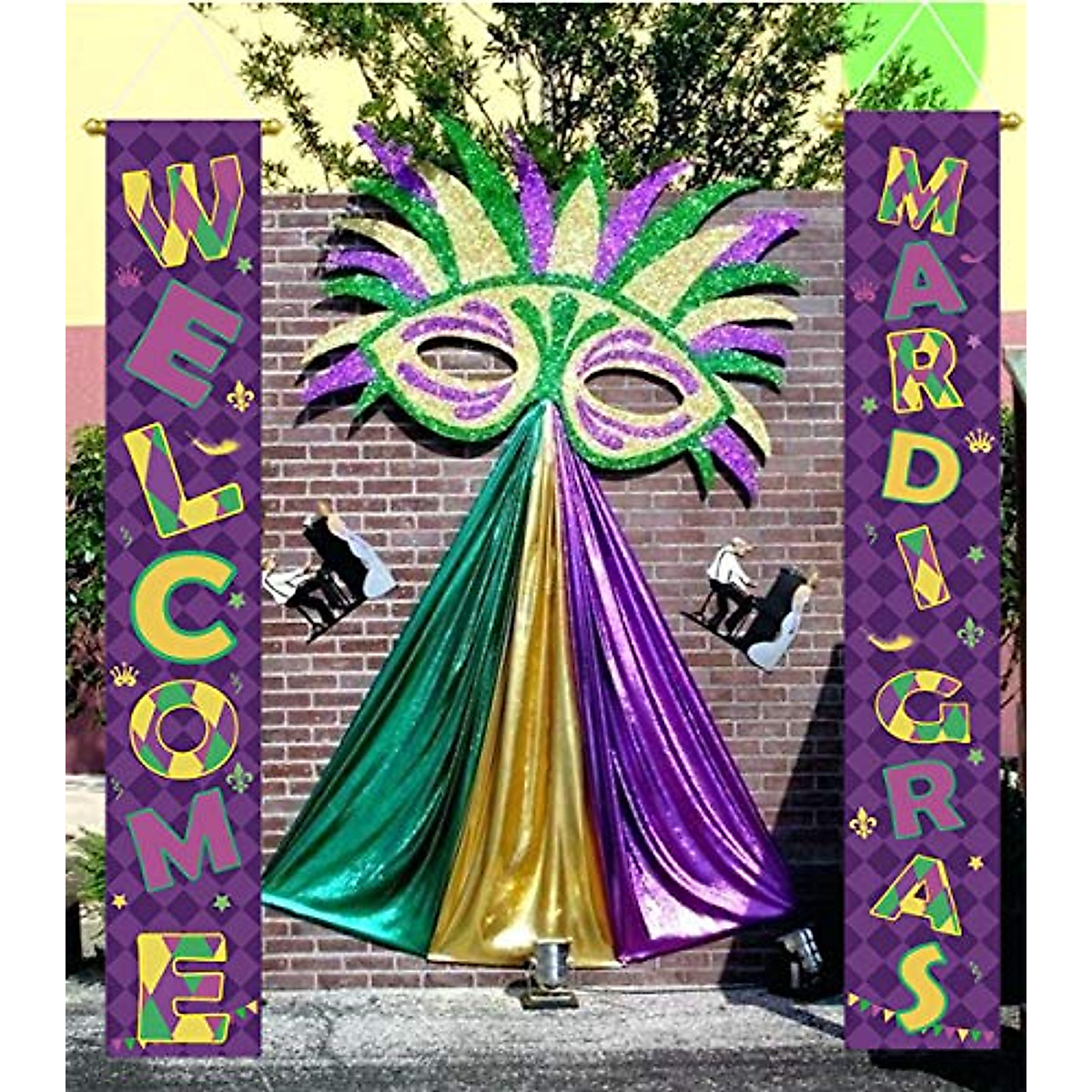 Mardi Gras Party Decorations Porch Sign Hanging Backdrop Banner - Carnival Birthday Party Supplies Photo Booth Prop Masquerade Wall Decoration Indoor/Outdoor