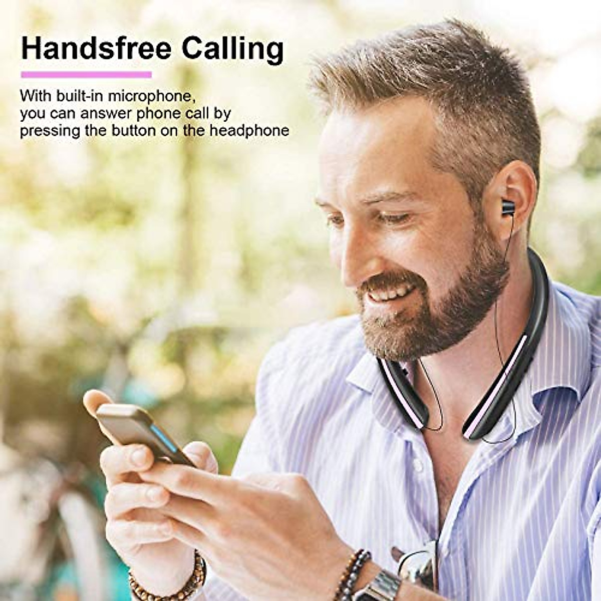 TTSTR Retractable Earbuds Wireless Headset Neckband Sports Noise Cancelling Bluetooth Headphones Stereo Earphones with Mic,Pink