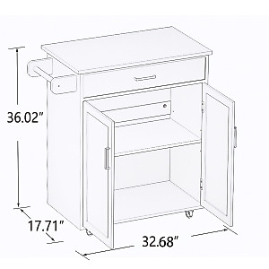 RASOO Kitchen Island on Wheels White Rolling Trolley Cart Island Cart Storage Cabinet with Rubber Solid Wood Countertop One Drawer and 2 Doors Towel Rack, 32.68"x17.72"x36.02"(LxWxH)