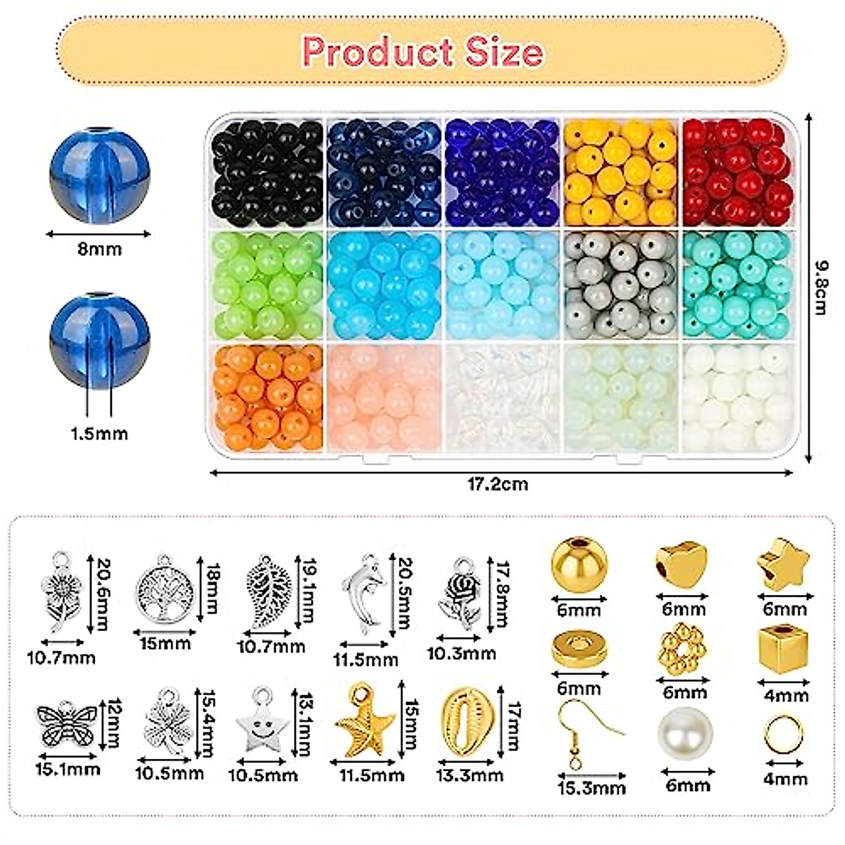 8mm Glass Beads for Jewelry Making, 15 Colors Crystal Round Gemstone Stone Beads, 375 Pcs DIY Craft Bead Bracelet Making Kit with 12 Styles Accessories Spacer Beads for Earrings Necklaces Rings