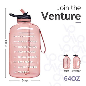 Venture Pal Half Gallon Water Bottle with 2 Lids, Large 64 oz Water Jug with Motivational Time Marker to Ensure You Drink Enough Water-Light Pink