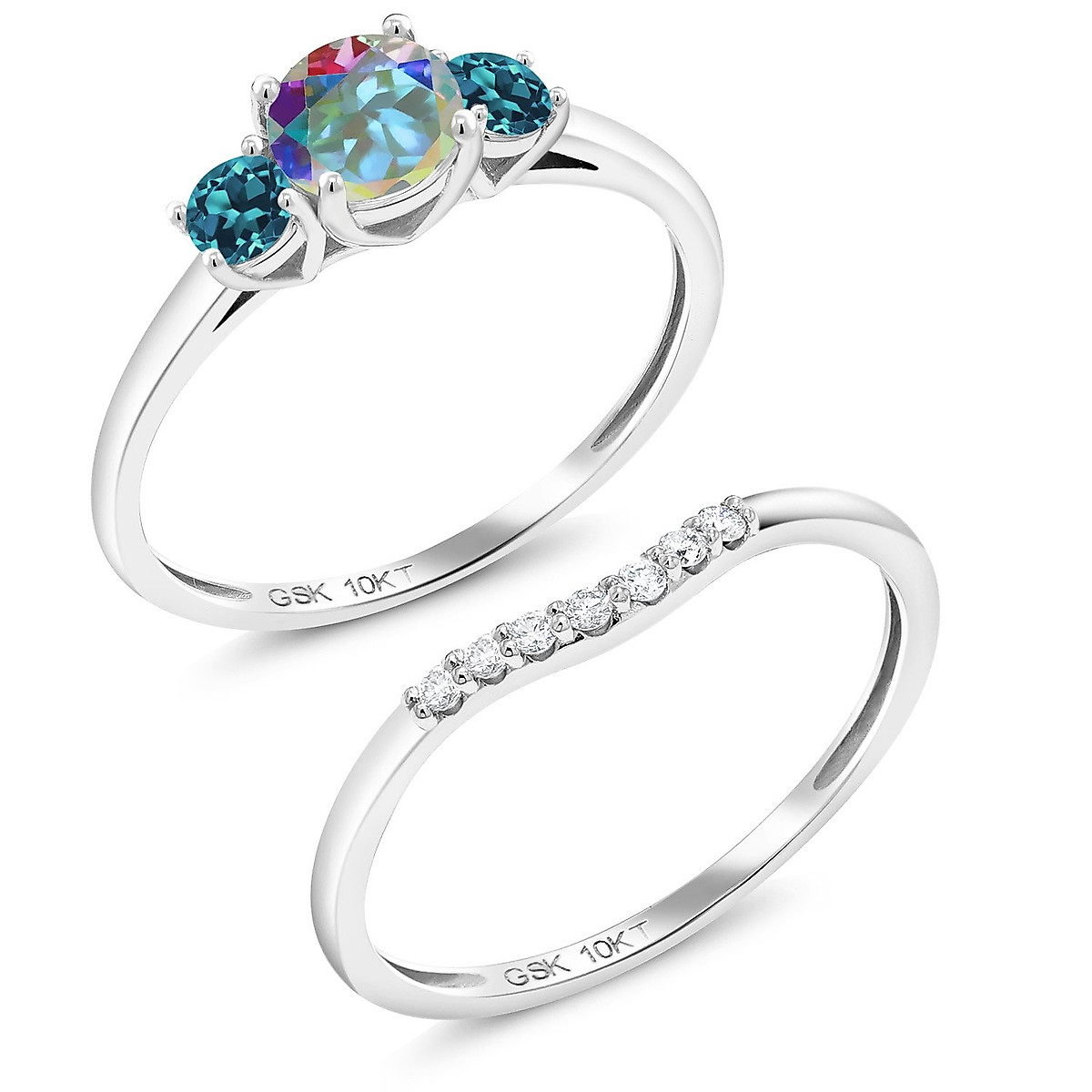 10K White Gold Mercury Mist Mystic Topaz and London Blue Topaz and White Lab Grown Diamond 3-Stone Bridal Engagement Wedding Ring Set For Women (0.88 Cttw, November Birthstone, Round 5MM, Size 9)