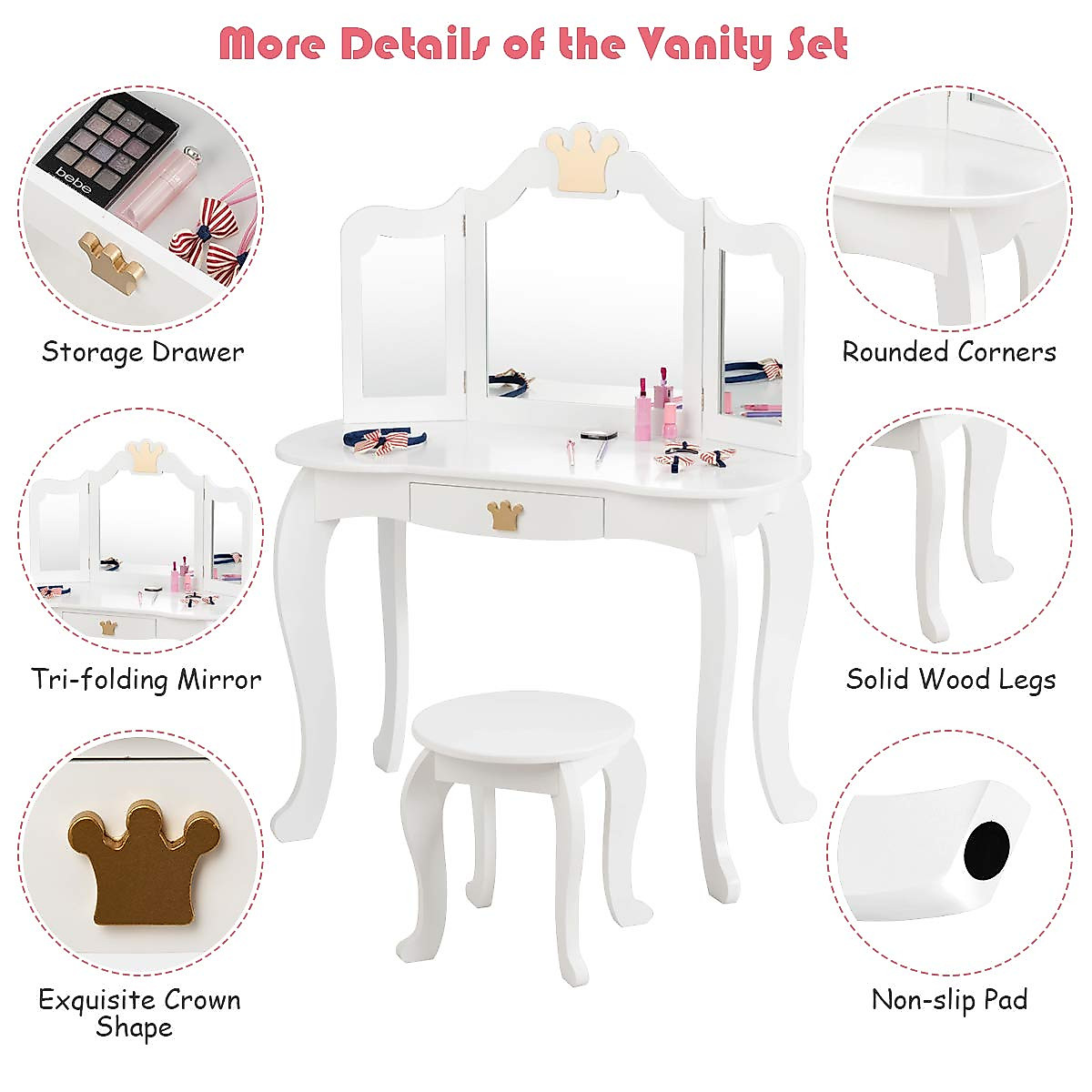 KOTEK Kids Vanity Set w/Tri-Folding Mirror, Princess Makeup Dressing Table w/Detachable Top & Drawer, 2-in-1 Vanity Table and Chair Set, Crown Pretend Beauty Play Vanity for Girls (White)