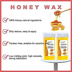 Roll On Wax, Honey Wax Roller Kit for Sensitive Skin,Roller Waxing Kit Include Portable Wax Warmer, with 2 Wax Roller Cartridge Refill,100 pcs Non-Woven Wax Strips, for Legs Arms and Underarm