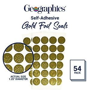 Geographics Self-Adhesive Gold Foil Seals, Assorted Embossed Emblems, 1.25 inch Diameter, 54 per Pack