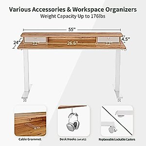 FEZIBO Height Adjustable Electric Standing Desk with Double Drawer, 55 x 24 Inch Stand Up Table with Storage Shelf, Sit Stand Desk with Splice Board, White Frame/Light Rustic Brown Top