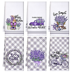 Boyiee Set of 6 Lavender Kitchen Towels Absorbent Dish Towels Lavender Towels 24 x 16 Inches Kitchen Gifts Purple Kitchen Hand Towels Lavender Lover Gifts for Farmhouse Kitchen Bathroom Decorations