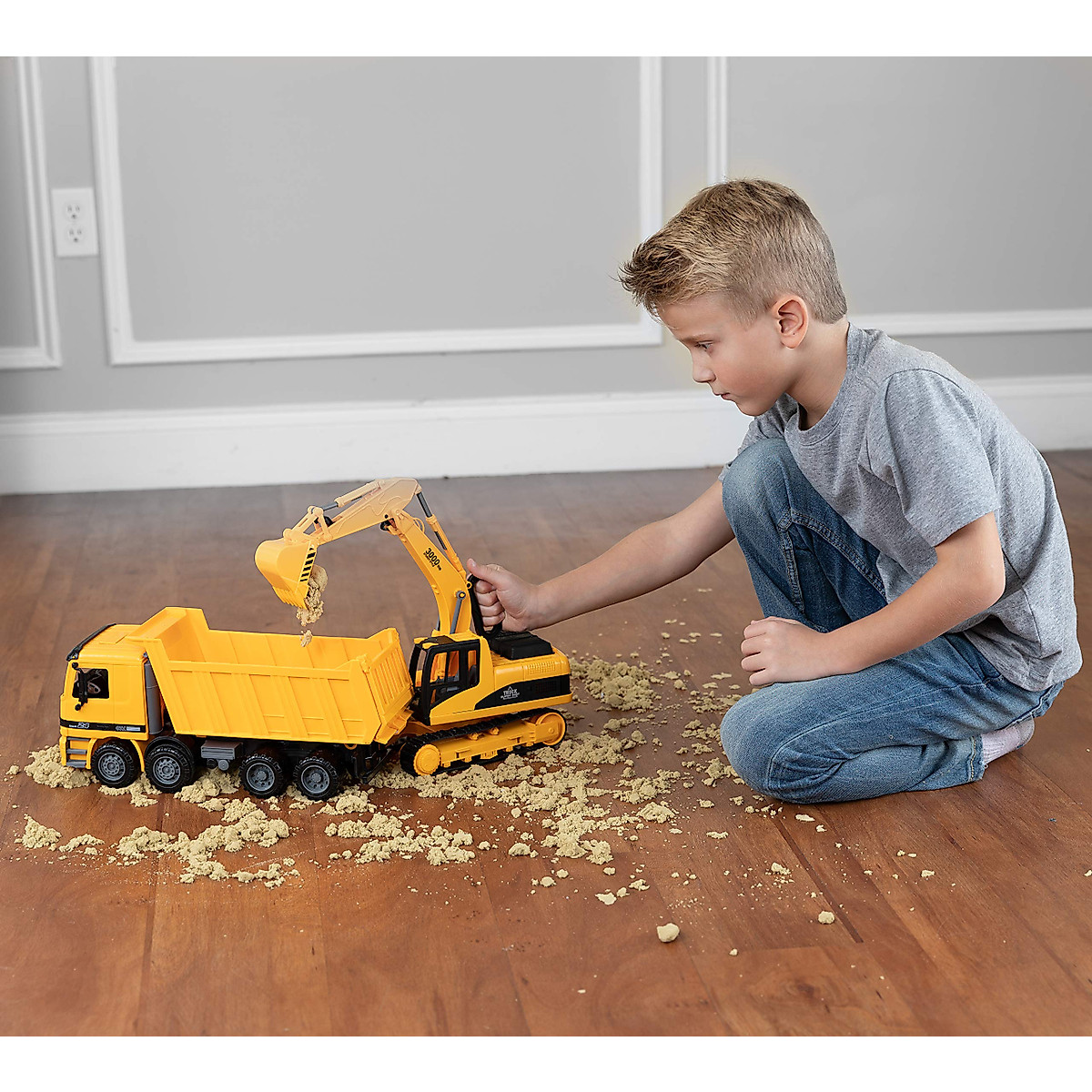 Toy To Enjoy Excavator & Dump Truck Toy for Kids (Set of 3) with 1.1 LB Play Sand – Moveable Claw & Lifting Back – Garbage Truck & Bulldozer Digger – Construction Vehicle for Kids & Children