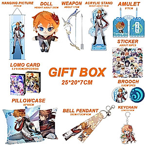 Genshin Impact Merch Box - Including Doll, Pillowcase, Hanging Picture, Acrylic Stand, Amulet, Keychain, Bell Pendant, 2 Brooch,30 Lomo card, 50 Sticker (Tartaglia), 25cmx20cmx7cm (BOX-YS001)