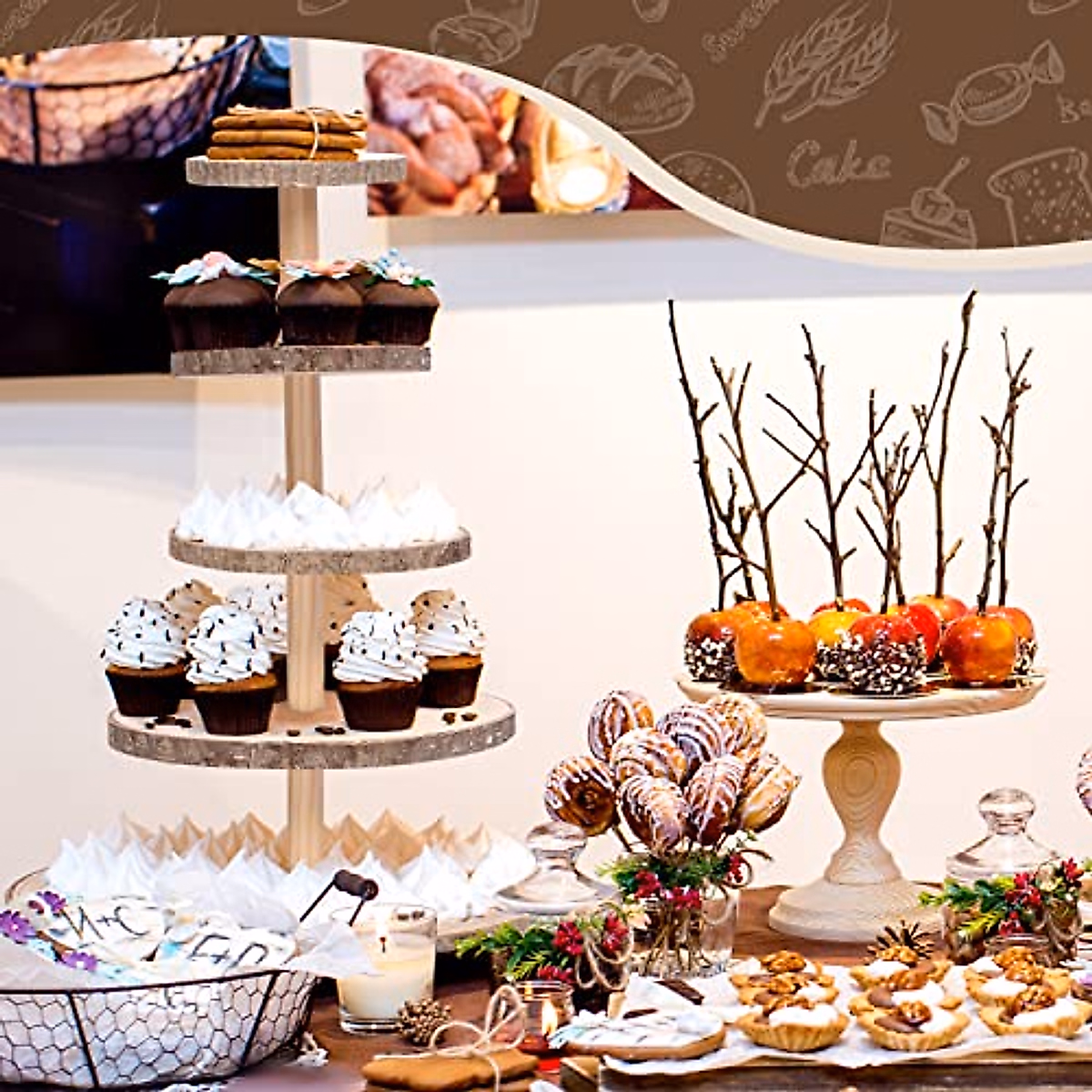 Ayfjovs 5 Tiered Wood Cupcake Stand, Rustic Wood Cake Stand, Wood Dessert Display Stand, Detachable Wood Slices Round Cupcake Tower Holder for Party and Rustic Wedding Decoration