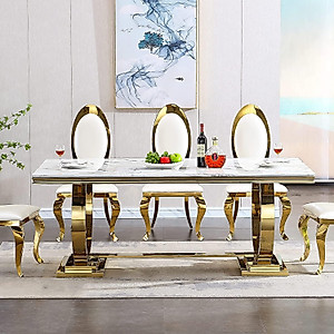 70" Modern Marble Dining Table, Luxury Gold Rectangular Kitchen Table for 6-8, Mid-Century White Faux Marble Dining Room Table with Mirrored Stainless Steel Pedestal Base for 6