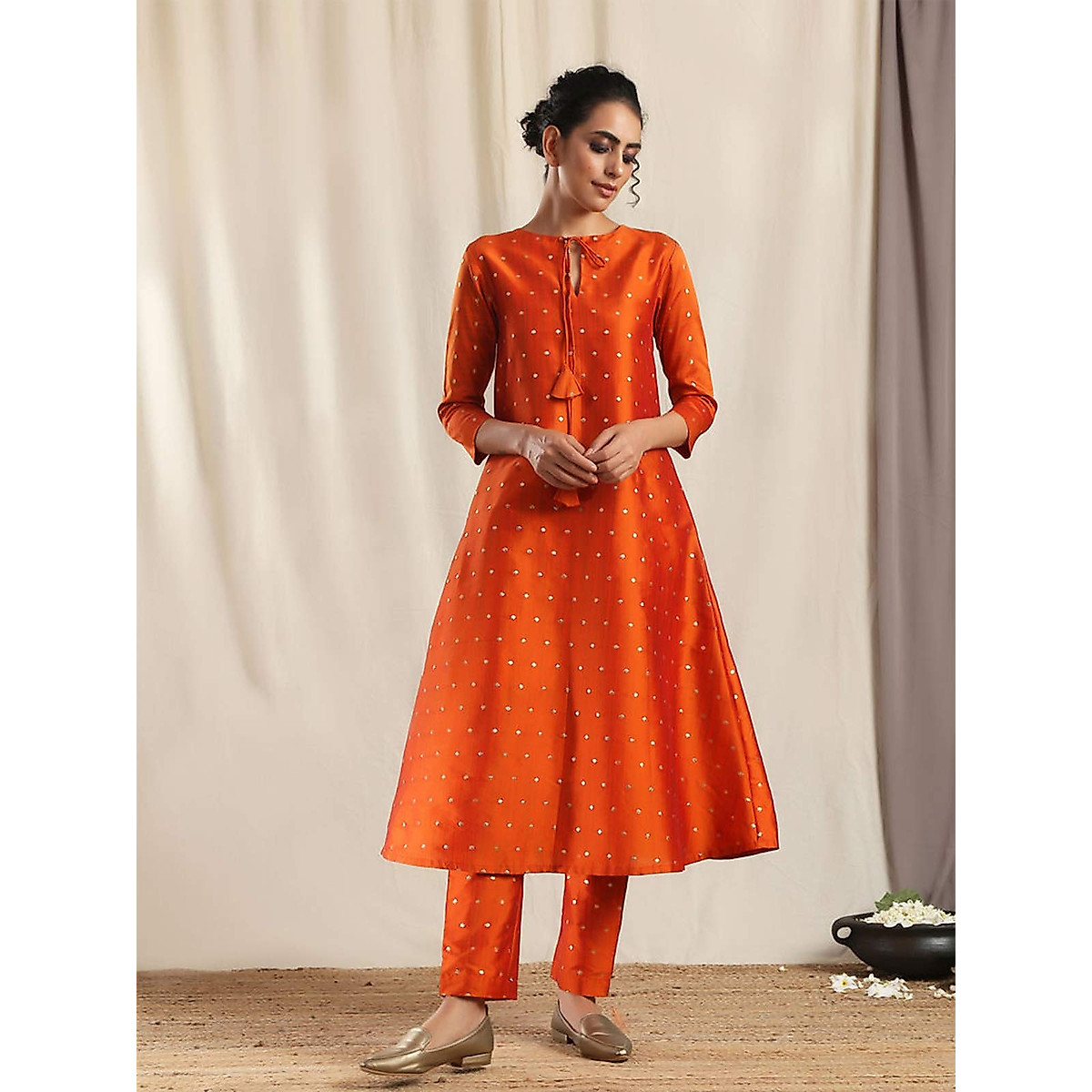Indian Kurti for Womens With Pant | Art Silk Woven Kurta Kurtis Dress For Women Tops Tunic Orange