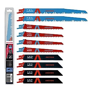 AIKENSAI 10-Piece Reciprocating Saw Blades Set Wood Metal Pruning Saw Blades with Organizer Tube Compatible with Milwaukee Makita Dewalt Ryobi etc