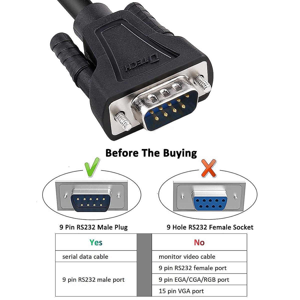 DTech 15ft DB9 RS232 Serial Cable Male to Male Null Modem Cord Full Handshaking 7 Wire Crossover for Data Communication Compatible with Computer Network Switch Router (15 Feet, Black)