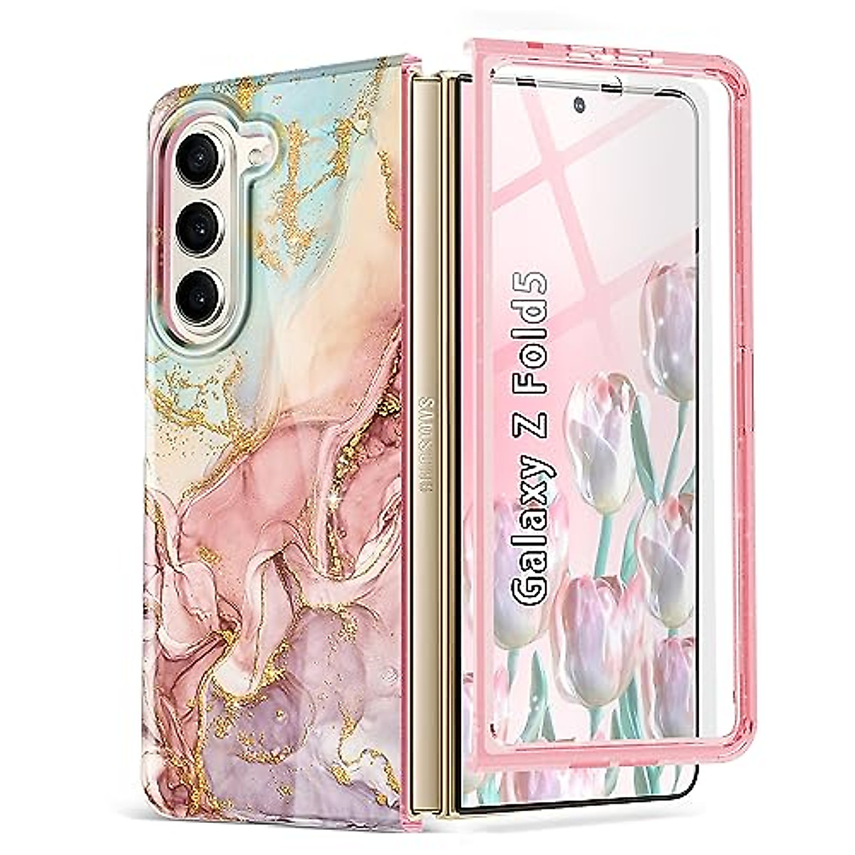 Btscase for Samsung Galaxy Z Fold 5 Case,Built in Front Screen Protector,Gold Glitter Marble Pattern Hard PC Slim Shockproof Full Body Drop Protective Case for Galaxy Z Fold 5 5G (2023), Rose Gold
