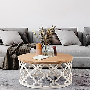 Clredg Round Farmhouse Coffee Table, Wood Grain Top Table with Curved Motif Frame Base for Rustic, Boho, Rustic, French Country Decor, Traditional White