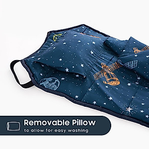 Wake In Cloud - Nap Mat with Pillow for Kids Toddler Boys Girls, Fit Preschool Daycare Sleeping Cot with Elastic Corner Straps, Rockets Stars Galaxy Space Planet on Navy Blue, 100% Soft Microfiber