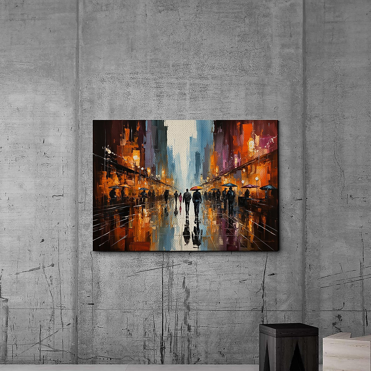 Abstract Wall Art Rain Modern Canvas Art Prints Girl Umbrella with Red Dress Walking in Street Figure Artwork, love