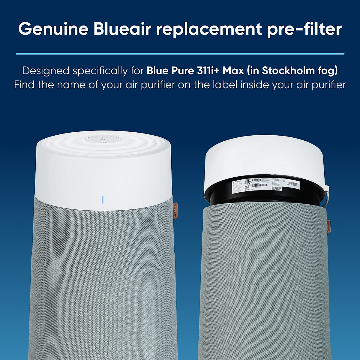 BLUEAIR Genuine Pre-Filter Blue Pure 311i+ Max Air Purifier, Washable Fabric, Fog Grey, Medium