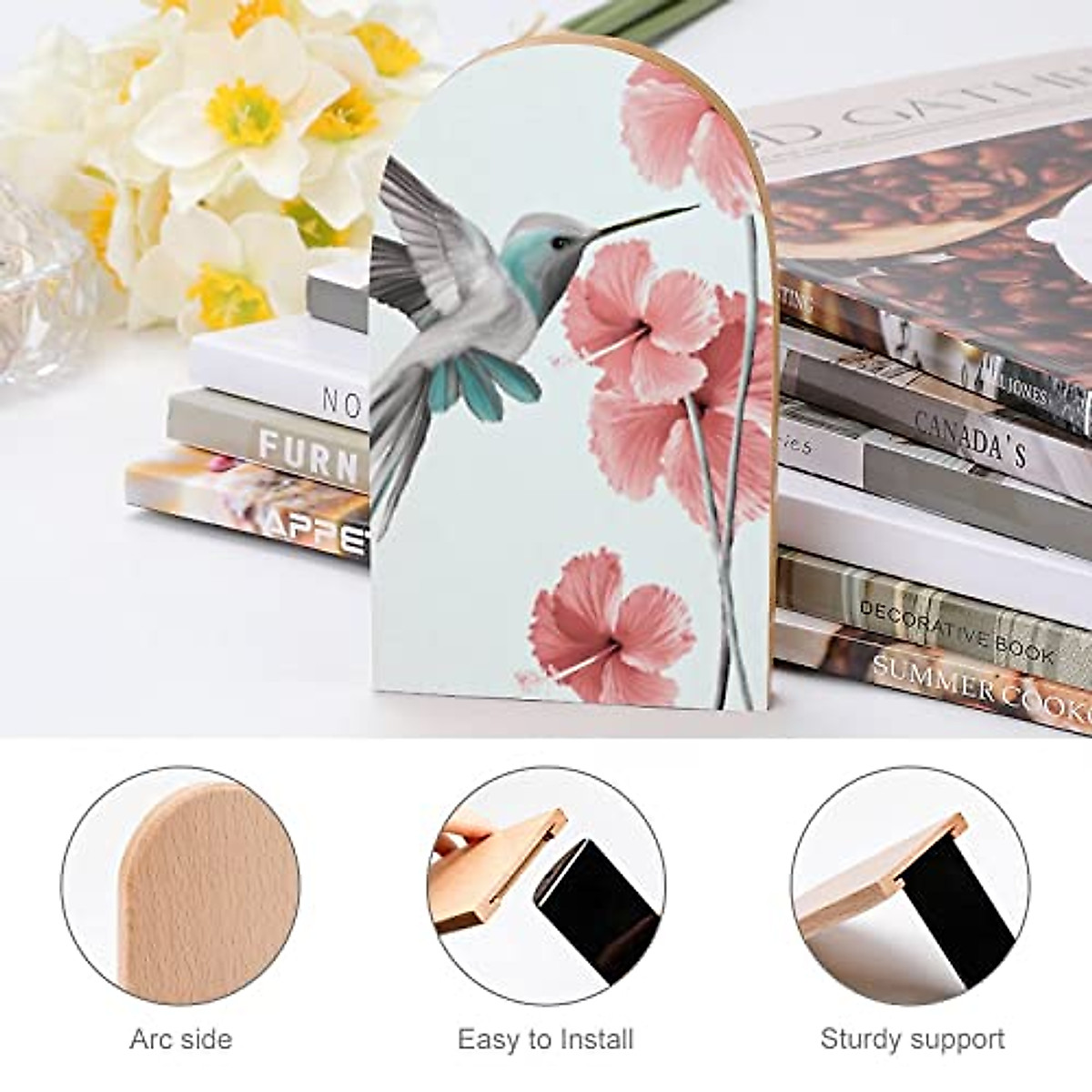 Wooden Book Ends 2 Pieces,Hummingbird with Hibiscus Decorative Bookshelf Sturdy Book Holders for Home Office School Book Organizers 5x3.1x3.9 inches