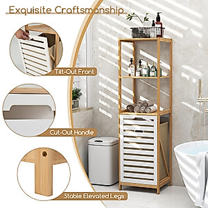 Giantex Tilt Out Laundry Hamper - Laundry Hamper Cabinet with 3 Tier Storage Shelves, Removable Laundry Basket, 51" Tall Freestanding Bamboo Tower Hamper Organizer for Bathroom Small Space