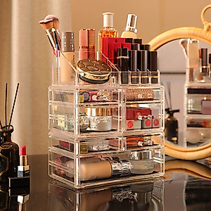 Cq acrylic 3 Pack Clear Makeup Storage Organizer,Stackable 7 Drawers Make up Organizers,Cute Desk Organizer for Vanity Jewelry,Hair Clip,Beauty,Skincare Product Bathroom Counter Organizers and Storage