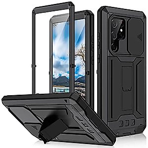 Lunivop Metal Bumper Silicone Compatible with Samsung Galaxy s22 Ultra 5G 6.8 inch Case Cameras Protection Heavy Duty Protection Doom Cover Shockproof with Built in Screen Protector Holder (Black)