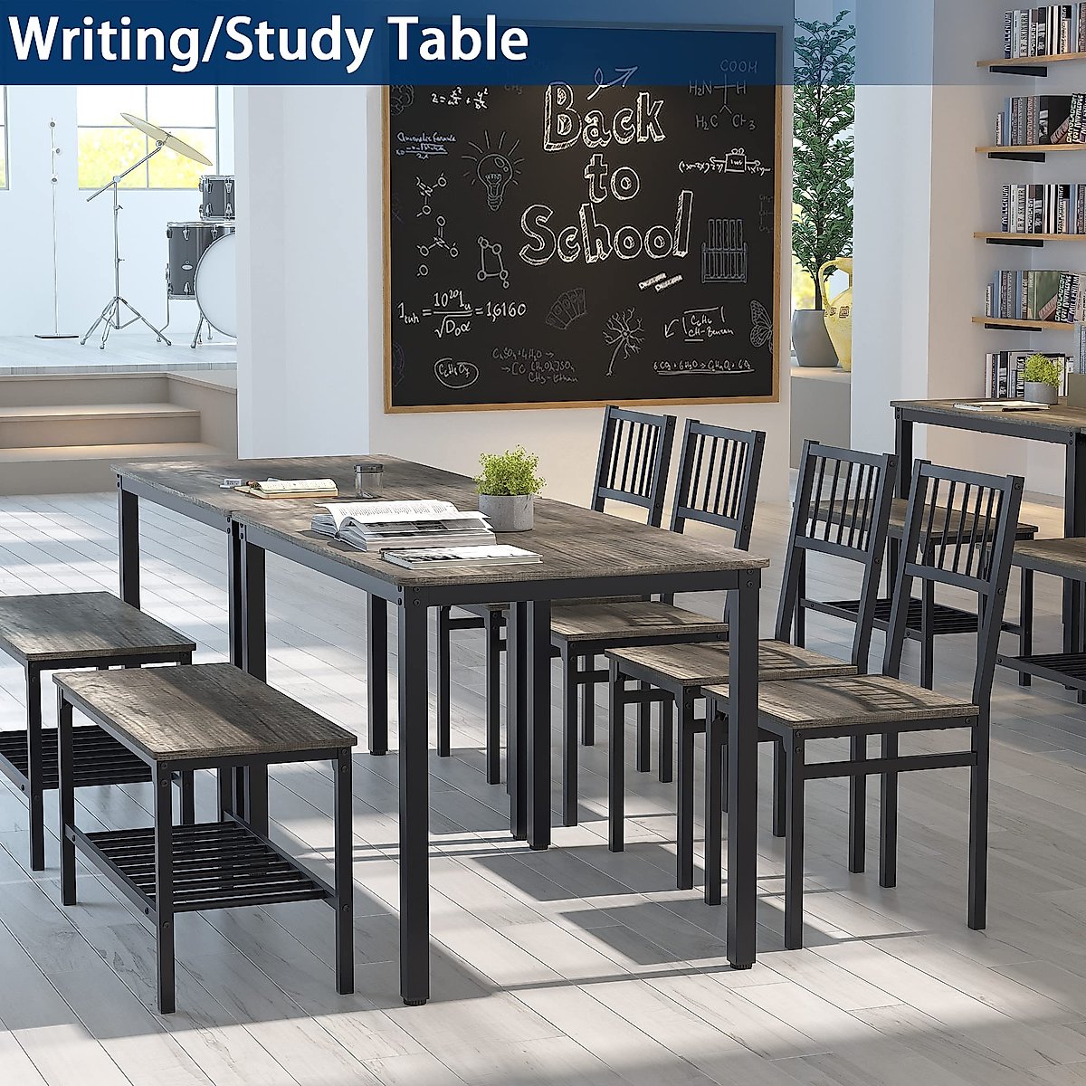 Teraves Dining Table Set for 4/Computer Desk,Kitchen Table with 2 Chairs and a Bench,Table and Chairs Dining Set 4 Picce Set for Dining Room (Black Oak+Black Frame,120CM)