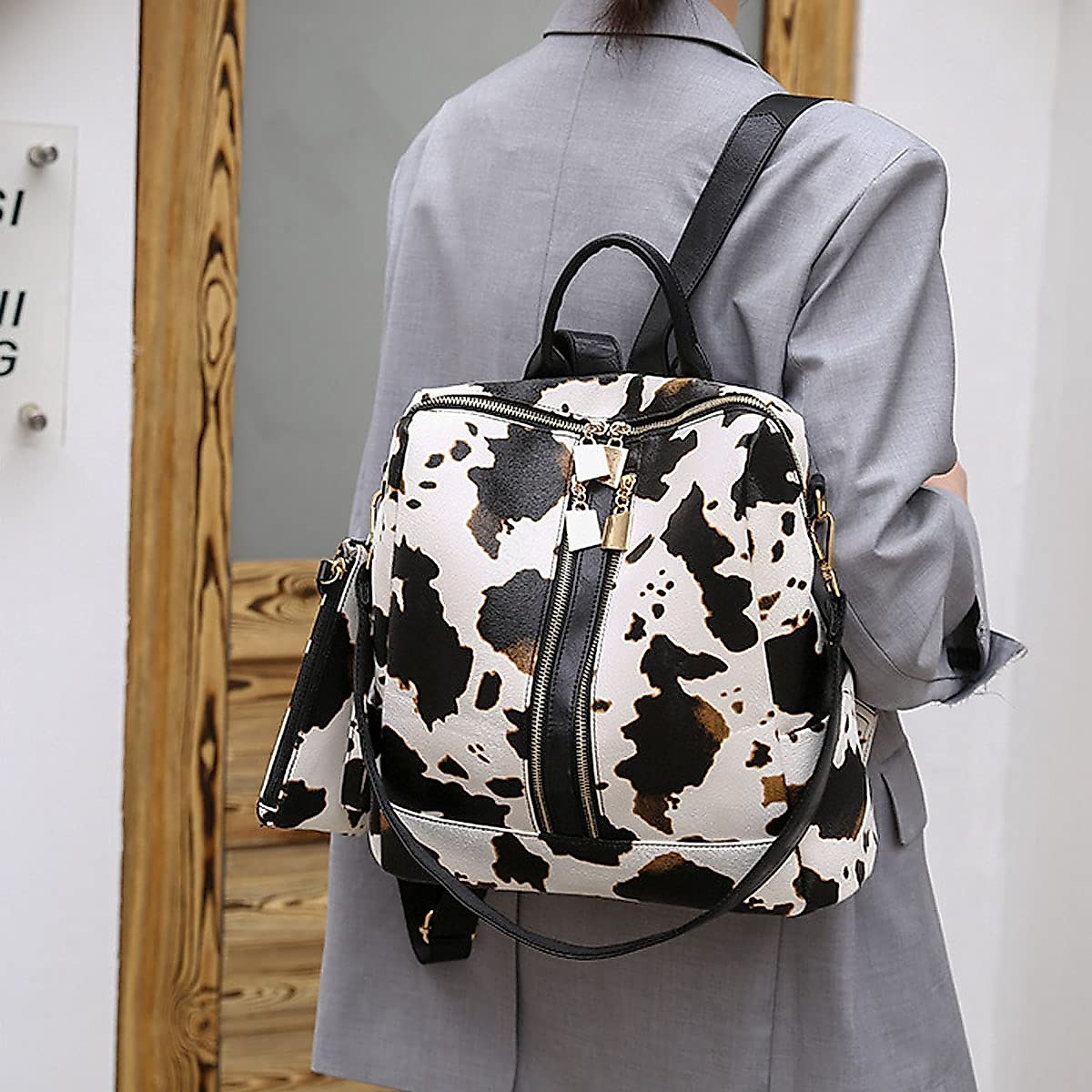 YOUNXSL Women Backpack Purse Leopard Fashion PU Leather Designer Travel Bag Cow Pattern Ladies Shoulder Bags(Off White)