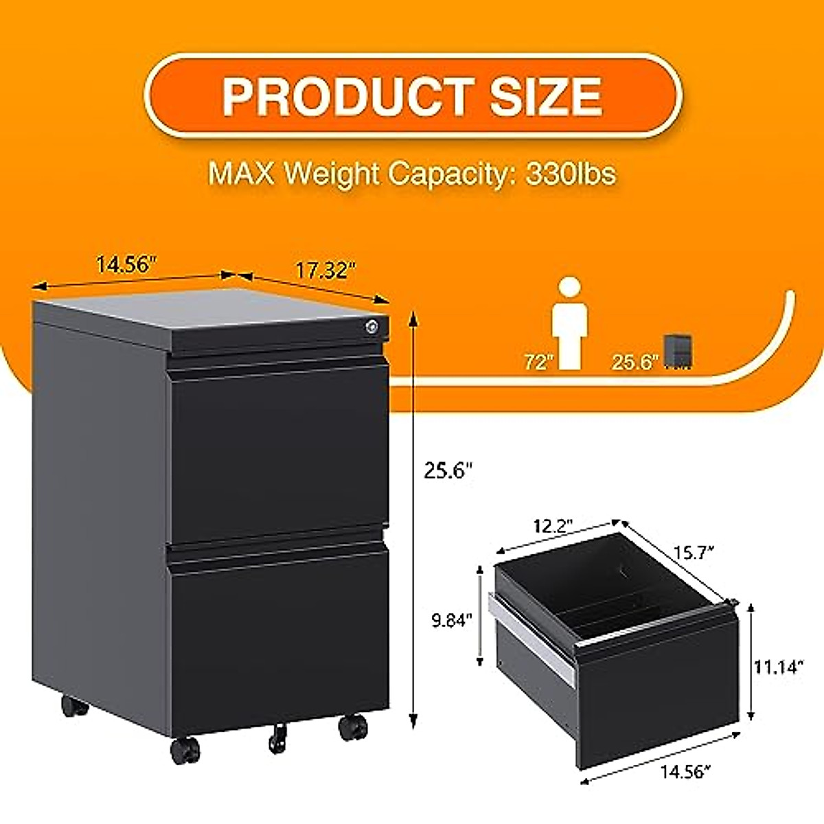 Aobabo Metal 2 Drawer Mobile File Cabinet with Lock, Under Desk Office Steel Filing Cabinet, 25.6''H Legal/Letter Size Files Storage Cabinet,Black,Fully Assembled