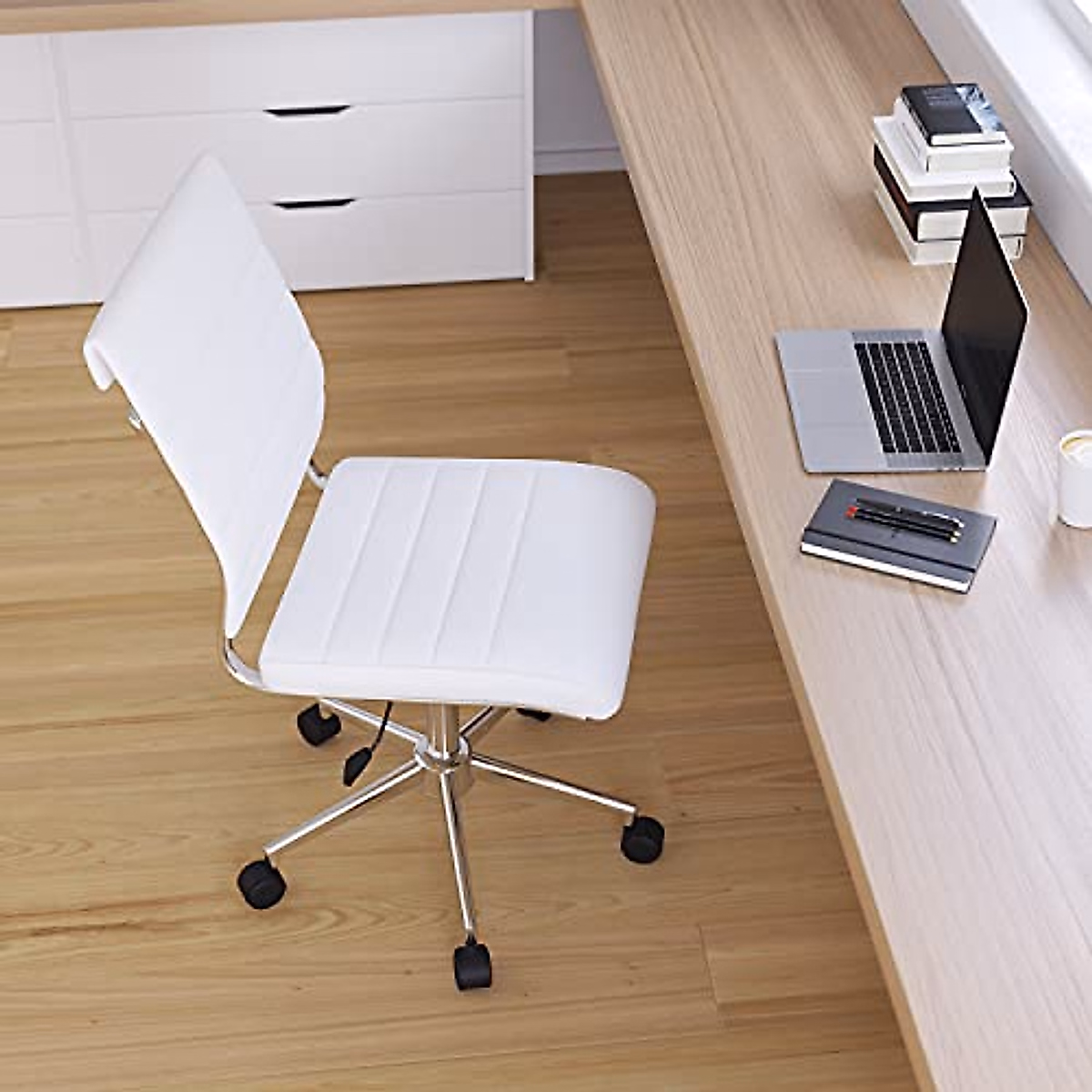 Merrick Lane Corrina White Ergonomic Swivel Office Chair Ribbed Faux Leather Back and Seat Mid-Back Armless Computer Desk Chair with Chrome Base