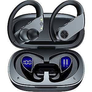 Wireless Earbuds 110H Playtime Ear Buds Bluetooth Headphones with 2200mAh Charging Case Dual Power Display Waterproof Over Ear Earphones with Earhooks for Sport Workout Laptop TV Computer Phone Black
