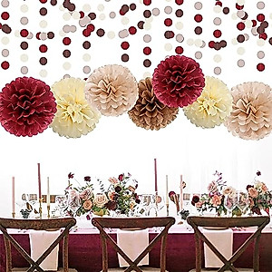 Brown Burgundy Champagne-Gold Party-Decorations - 30pcs Rustic Boho Wedding Tissue Pom-Poms Streamers ,Fall Autumn Tassel Garland Banner,Birthday Baby Bridal Shower Engagement Decor Lasting Surprise