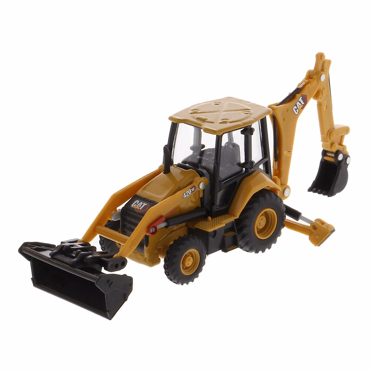 420 XE Backhoe Loader with Work Tools Yellow 1/64 Diecast Model by Diecast Masters 85765