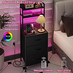 Fixwal 41 Inch Tall Nightstand with Charging Station, Led Night Stand with U-S-B Port & Socket, 3 PU Finished Fabric Storage Drawers, Office, Bedside Table & Bookshelf in One, Black