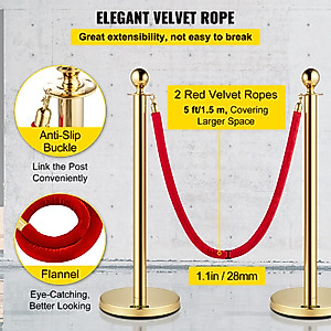 VEVOR Velvet Ropes and Posts 4 Pcs, 5 ft Red Velvet Rope, Stanchion Post with Ball Top, Crowd Control Barriers Gold Stanchions, Red Carpet Poles, Crowd Control Ropes and Poles for Party Supplies