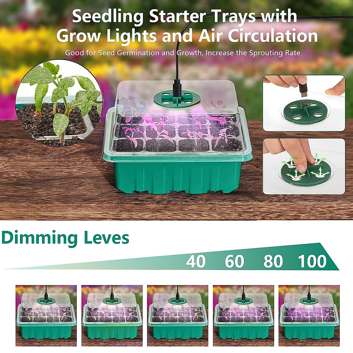 TVTUTPWY Seed Starter Tray with Grow Light, 5 Pack Plant Germination Kit with Timer Setting & 5 Dimmable Levels, Humidity Adjustable Greenhouse Trays with Domes for Seeds Growing Starting