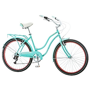 Schwinn Perla Adult Beach Cruiser Bike, Men and Women, 18-Inch Step-Through Steel Frame, 7-Speed Drivetrain, Rear Rack, 26-Inch Wheels, Blue