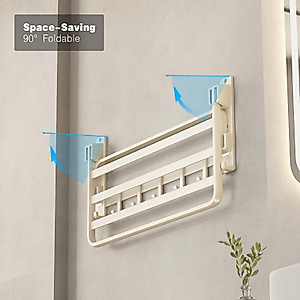 VOLDRA Towel Racks for Bathroom, 24-Inch Towel Shelf with Towel Bar Foldable Towel Holder with 7 Hooks Towel Storage Organizer for Bathroom & Lavatory Wall Mounted(Cream White)