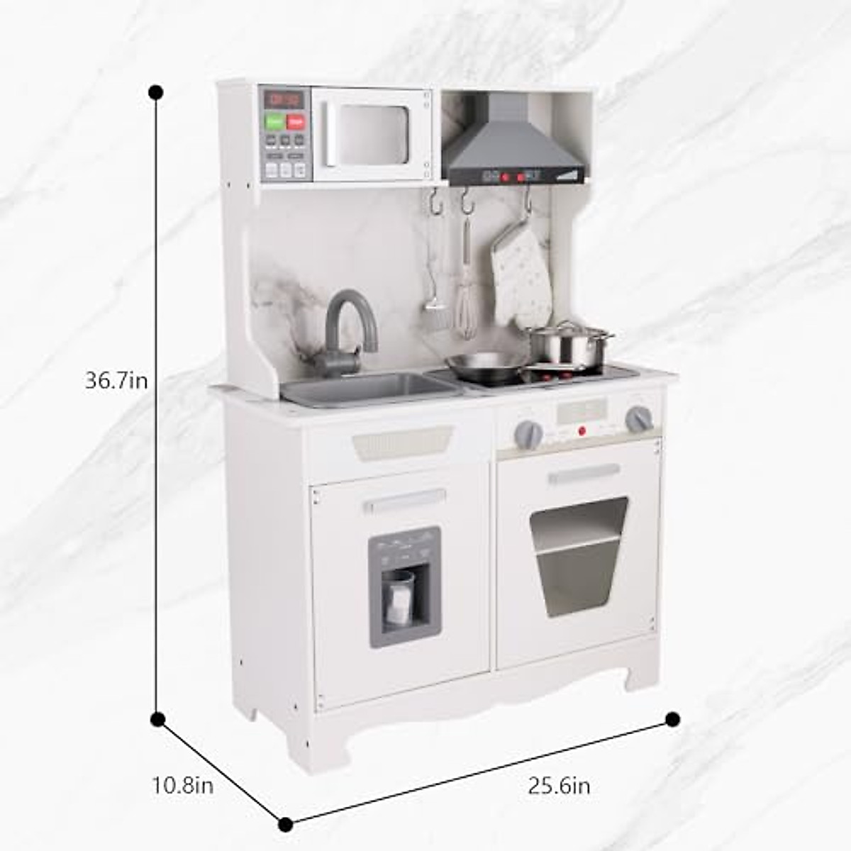 Wooden Play Kitchen Set for Kids, Toy Kitchen Playset with Real Lights and Sounds, Gift for Boys Girls Age 3+, Dimensions: 32” H x 28” W x 11” D (White)