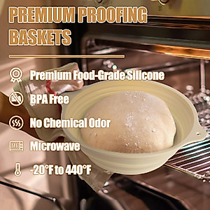 Silicone Banneton Bread Proofing Basket Set Of 2 -Sourdough Bread Baking Supplies, 9 Inch Round & 10 Inch Oval Foldable Bread Bowls, bread basket For Proofing Baskets With Essential Tools - Beige