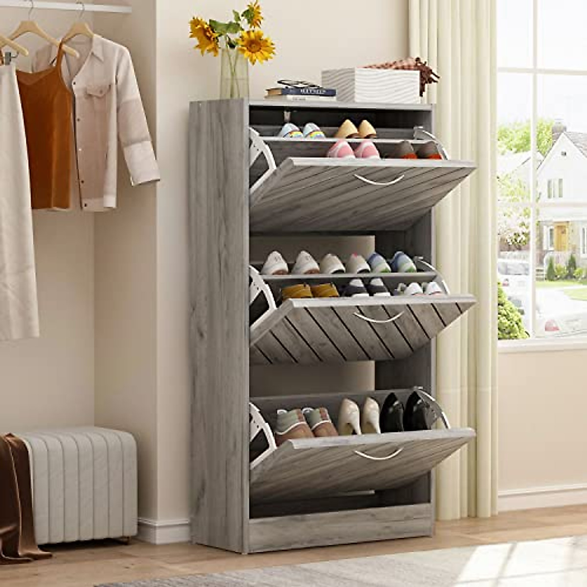 DiDuGo Shoe Cabinet with 3 Flip Drawers, Slanted Design, Shoe Organizer for Hallway Entryway Light Grey (22.4”W x 9.4”D x 42.3”H)