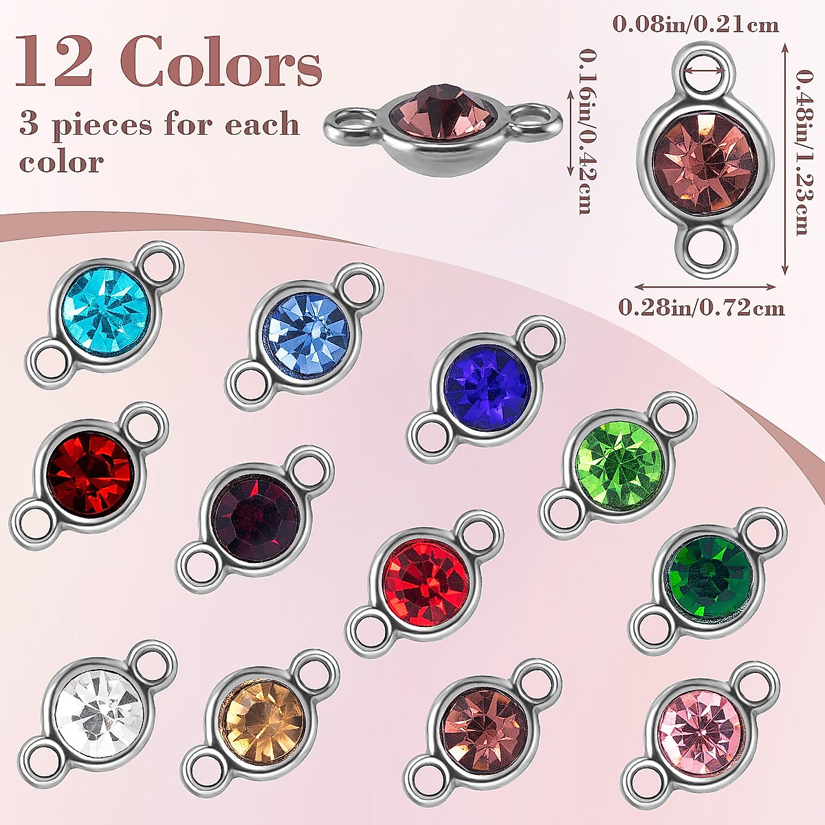 Joez Wonderful 36Pcs Permanent Jewelry Supplies, 12 Mixed Color Double Loops Rhinestone Connector Charm for Earring Necklace Bracelet Keychain Craft Accessories Jewelry Making (12mm)